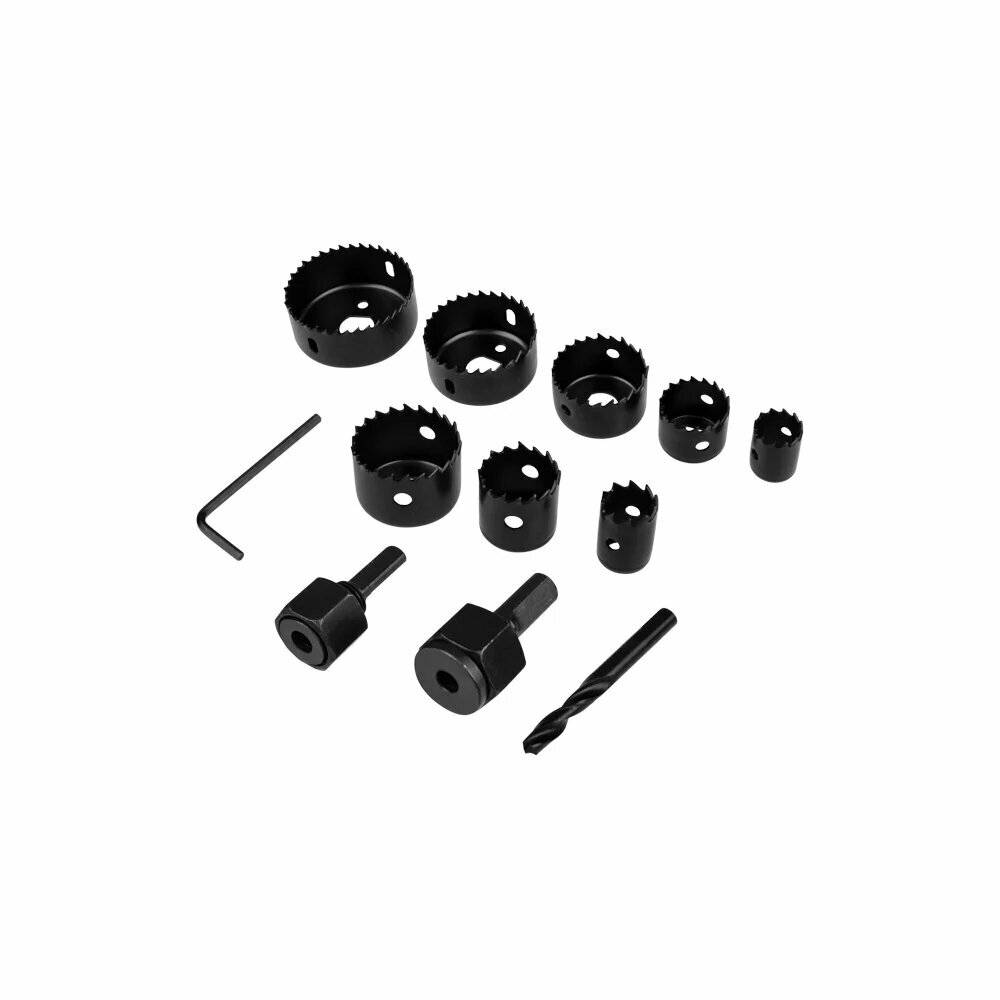 Набор коронок по дереву 19, 22, 28, 32, 38, 44, 54, 64 мм, 2 держателя с ключом KRANZ KR-92-0251 с шестигранным хвостовиком