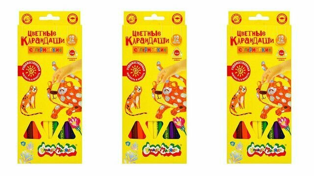 Каляка-Маляка Набор цветных карандашей, Премиум, трехгранные в деревянном корпусе с утолщенным грифелем, 12 цветов, 3 уп.