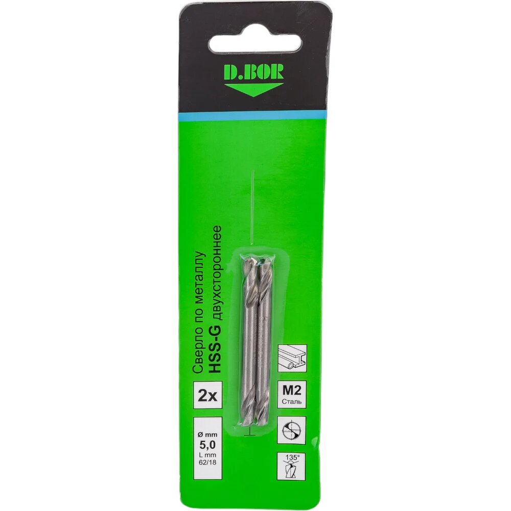 Сверло по металлу шлифованное двухстороннее HSS-G 5х18х62 мм, 2 шт D.BOR D-TD-DE-HSS-050-02