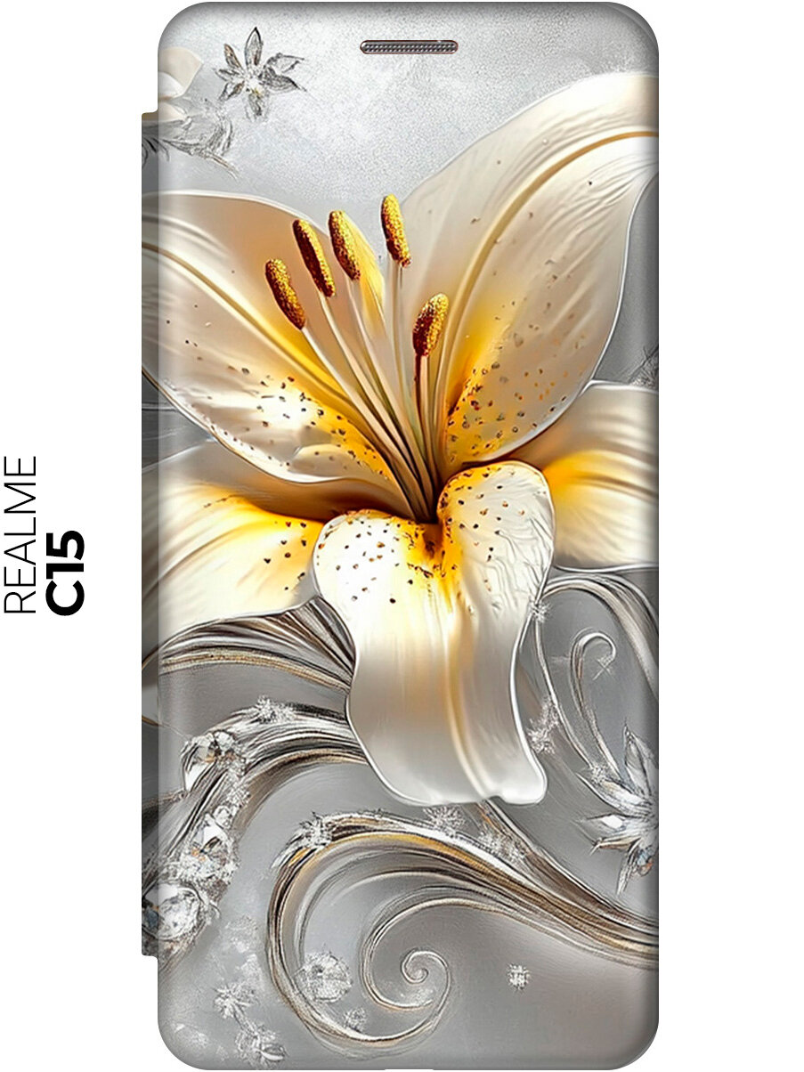 Чехол-книжка на realme C15 / C25 с принтом "Серебристая лилия" золотой