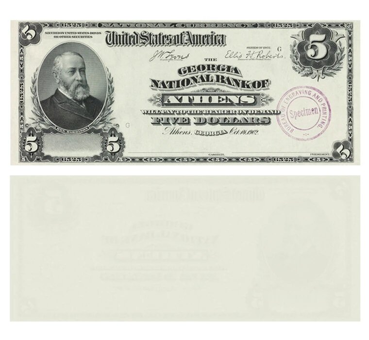 5 долларов 1902 Athens США Джорджия, серия G, надпечатка образец, сувенирная копия, банкноты и купюры редкие коллекционные