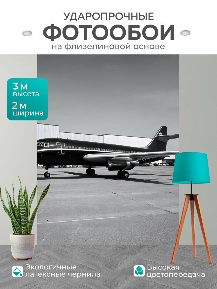 Фотообои моющиеся ударопрочные "Самолет в черно-белом стиле, на фоне старого аэропорта с ретро-архитектурой" 200x300 см. флизелиновые на стену