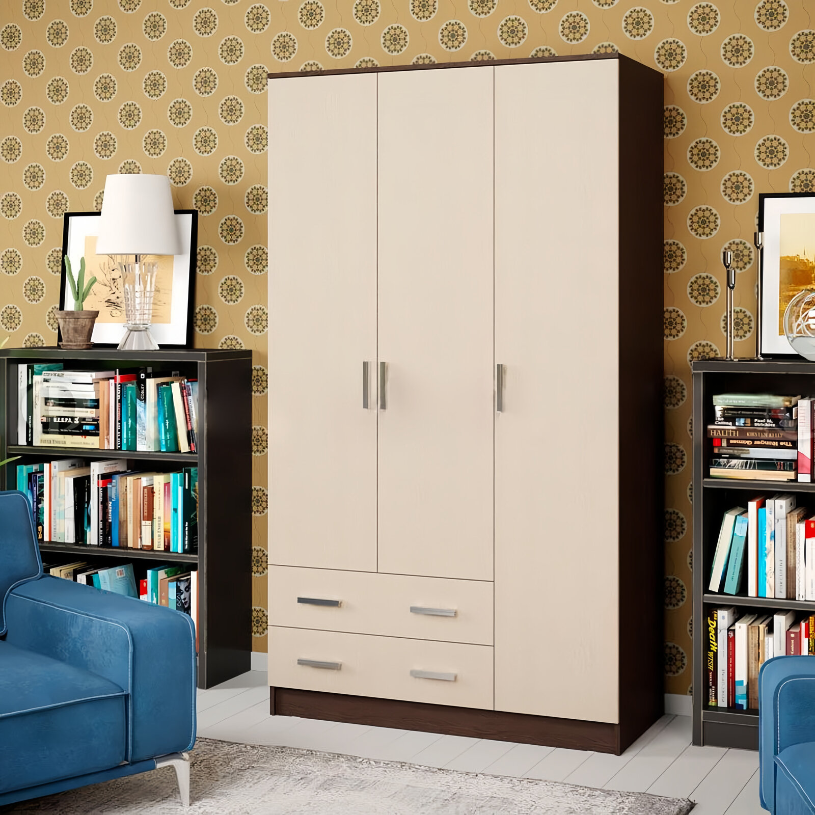 Шкаф для одежды Миф 3-х створчатый, с полками ящиками и штангой, Венге / Дуб беленый, 120×2012x52 см