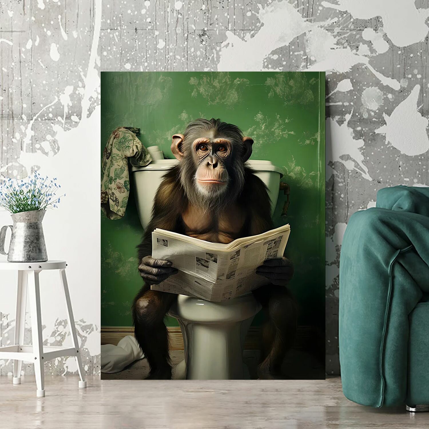 Картина в туалет, ванную комнату Обезьяна читает газету, 20х30 см.