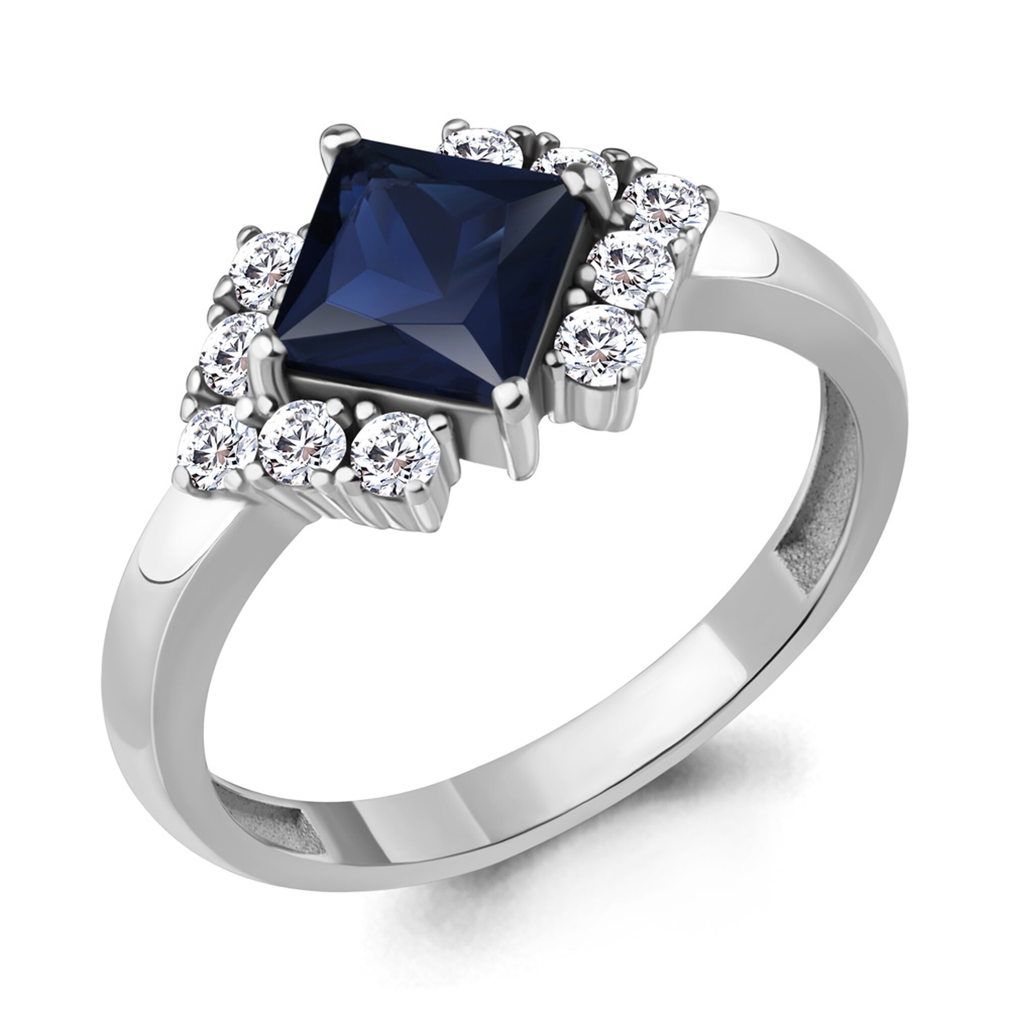 Кольцо, серебро, 925 проба, родирование, фианит, сапфир синтетический