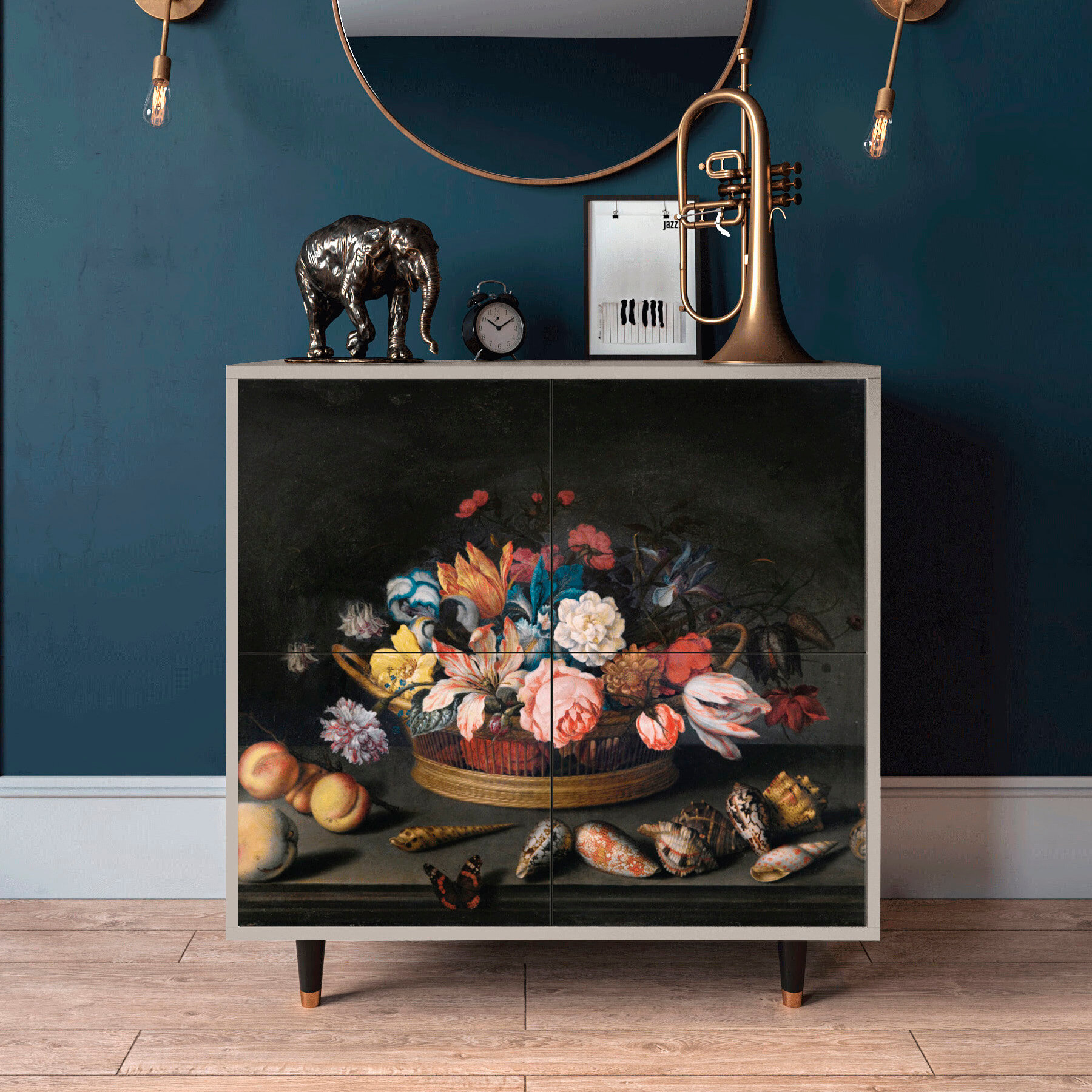 Комод - STORYZ - BS3 Still Life with Flowers and Shells by Balthasar van der Ast , Размер - 94 x 96 x 48 см, Цвет корпуса - Сатин