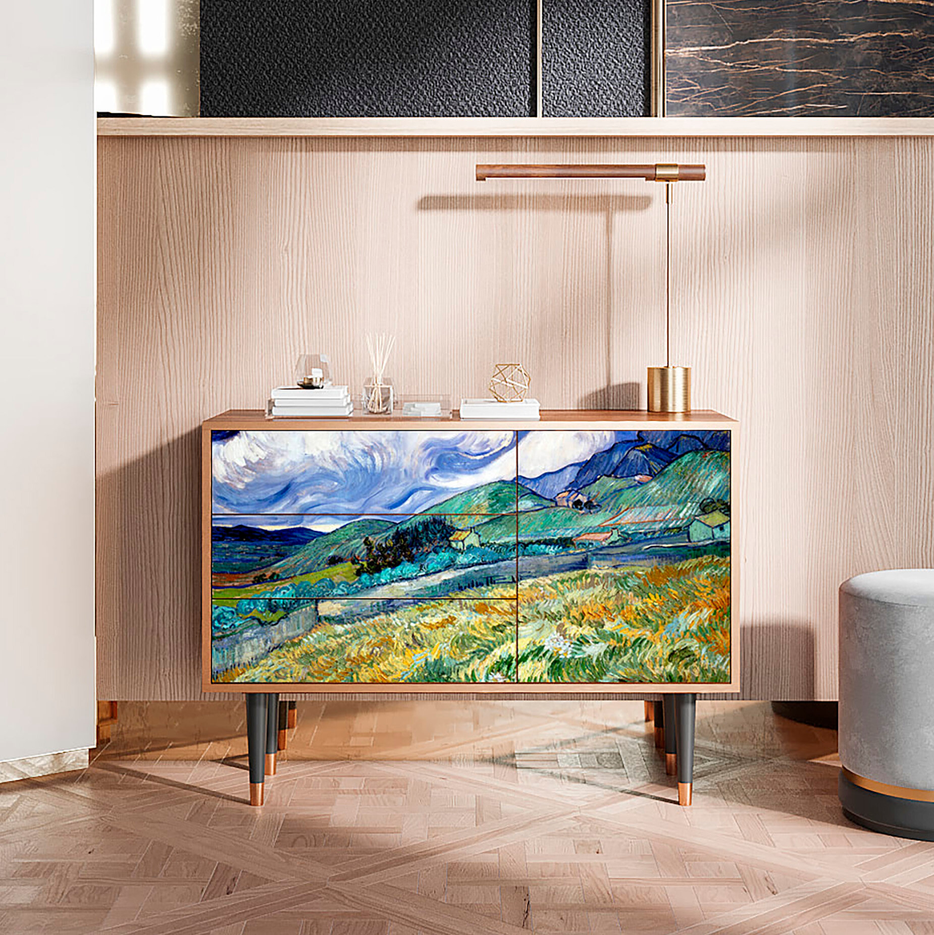 Комод - STORYZ - S3 Landscape from Saint-Rémy by Vincent van Gogh, Размер - 115 x 84 x 41 см, Цвет корпуса - , Орех