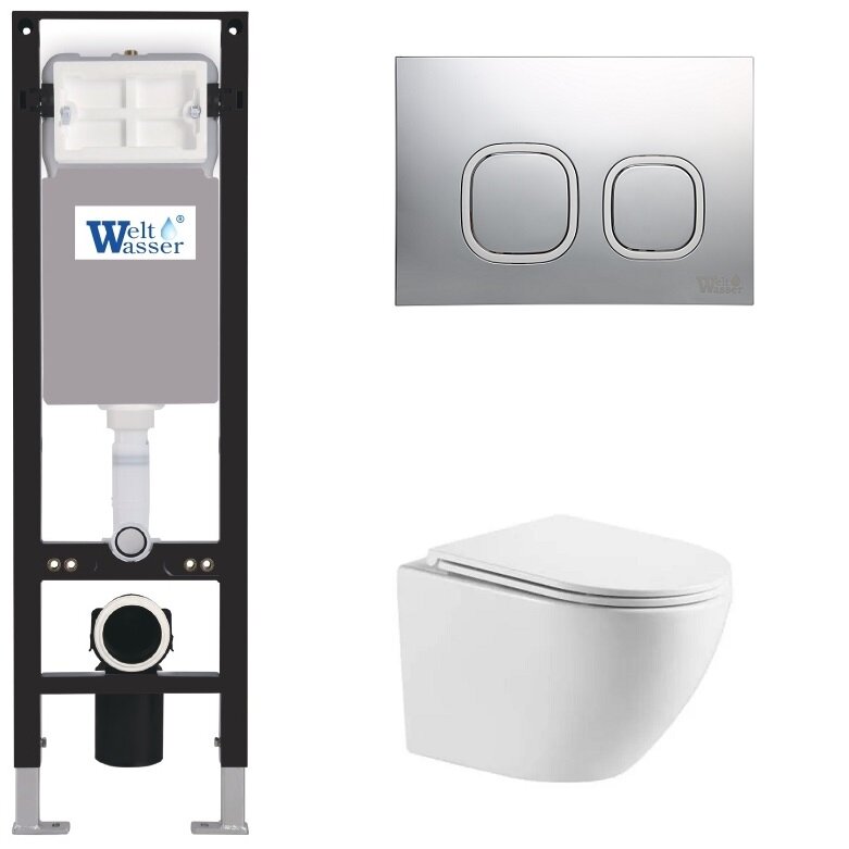 Унитаз подвесной WeltWasser AMBERG 350+MERZBACH 043 XL GL-WT+AMBERG RD-MT CR белый/кнопка хром матовый, безободковый, с крышкой микролифт, с инсталляцией, слив торнадо