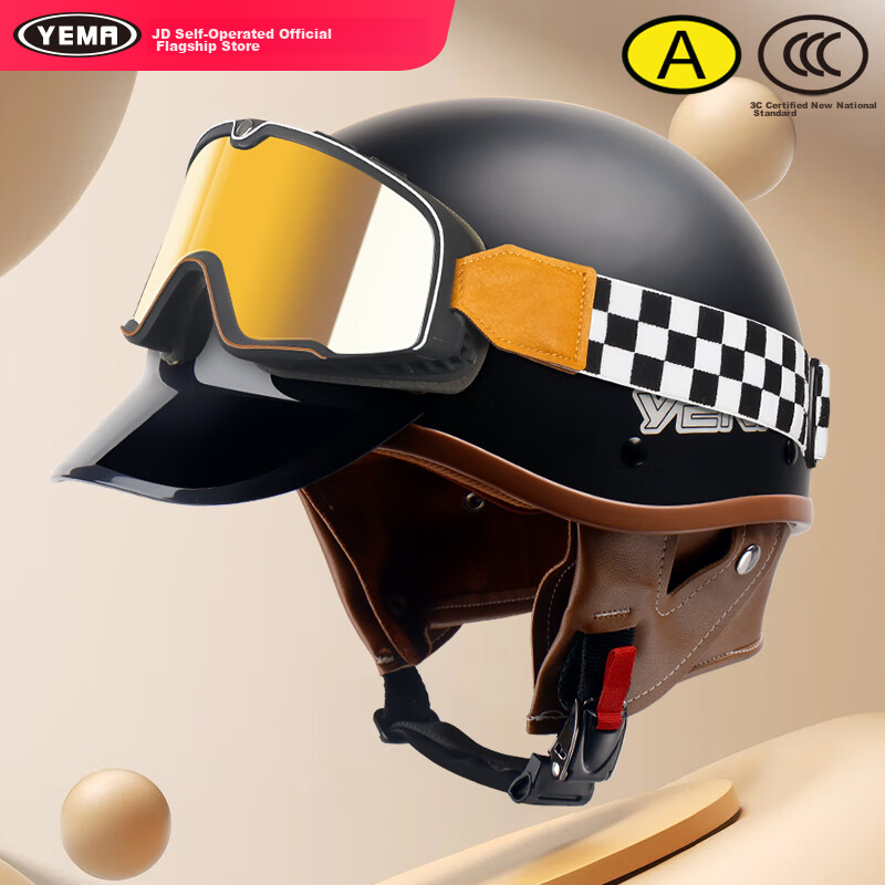 Yemao Helmet, 3C Certified, New National Standard A-Class, Retro And Stylish Half Helmet, All-Season, for Men And Women, Motorcycle Helmet, Electric Motorcycle Safety Helmet, Pia Black + Colorful Goggles, One Size Fits All