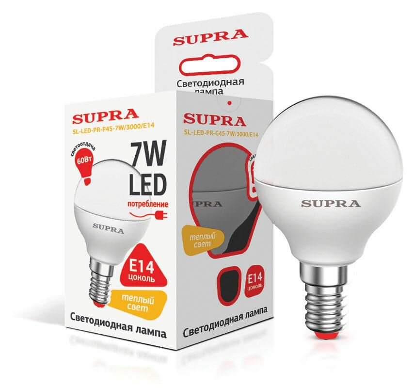 Лампа светодиодная Supra SL-LED-PR-P45-7W/3000/E14 Шар-мини, мощность 7 Вт, теплый свет