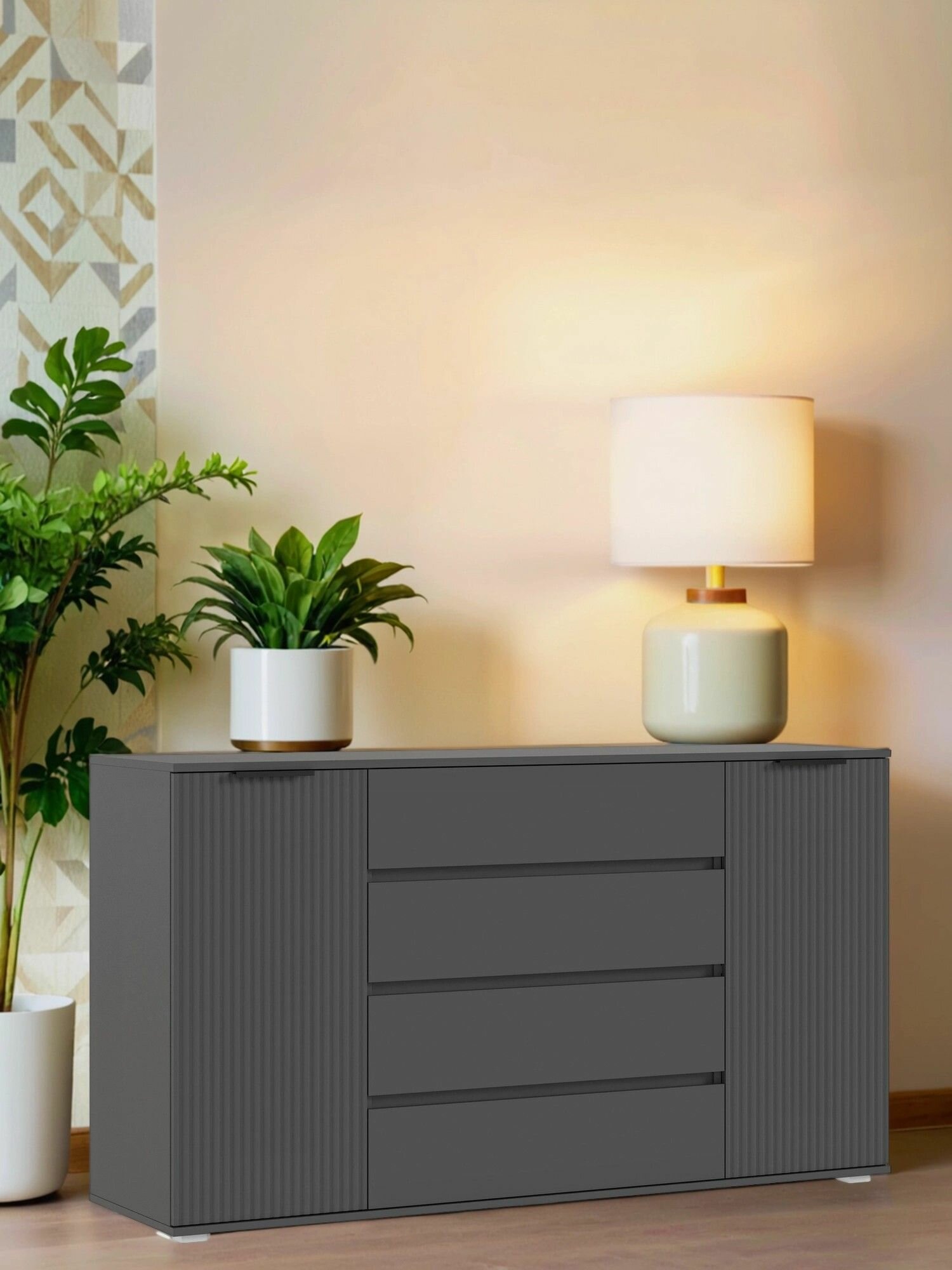 Комод Марвэл 2 двери 4 ящика, Браш Графит, Графит