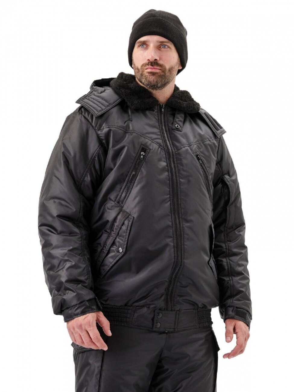 Куртка мужская на поясе "Охрана" зимняя черная (с капюшоном), 44-46, 170-176