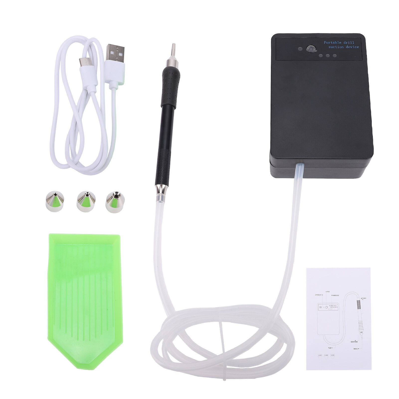 Электрическая ручка для алмазной живописи, перезаряжаемая вакуумная ручка с аккумулятором 1500 мАч и лотком для хранения, малошумный набор инструментов для алмазной живописи, не требует воска, черная, с батареей.