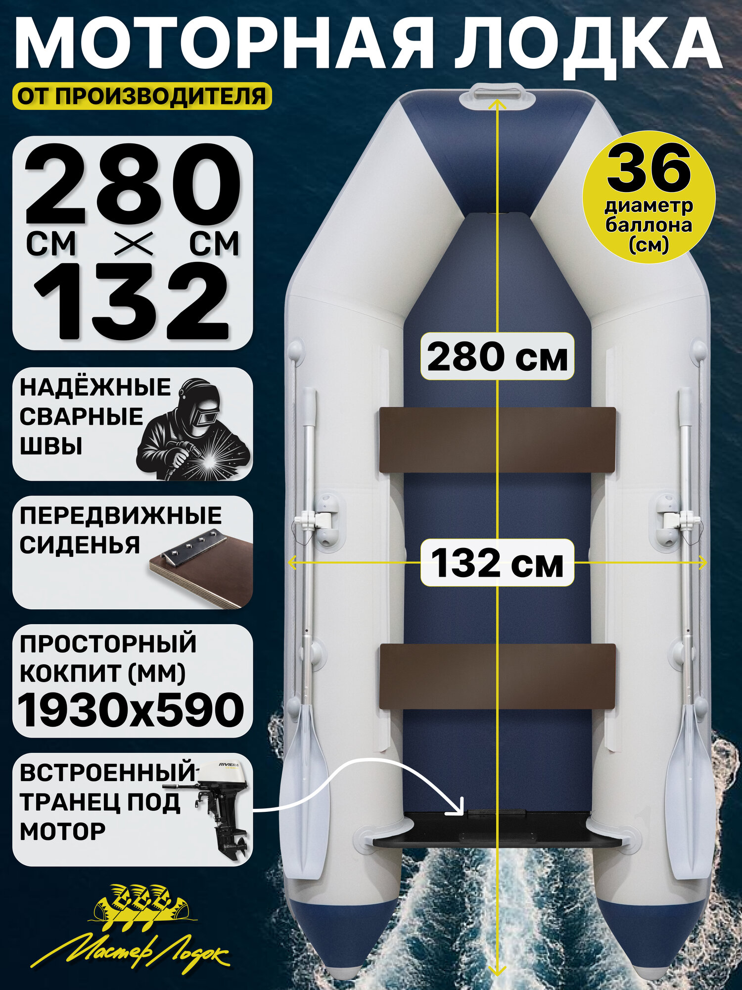 Лодка под мотор ПВХ надувная атлас 2800 светло-серый/синий Мастер Лодок
