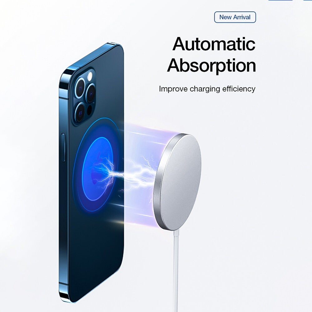 Магнитный беспроводной зарядник 15W быстрая зарядка для iPhone 12/12 Pro Max/Mini/AirPods Pro, материал алюминиевый сплав+ABS, вес 50.3g, порт Type-C, вход DC 5V/3A 9V/2.2A, выход 15W Max