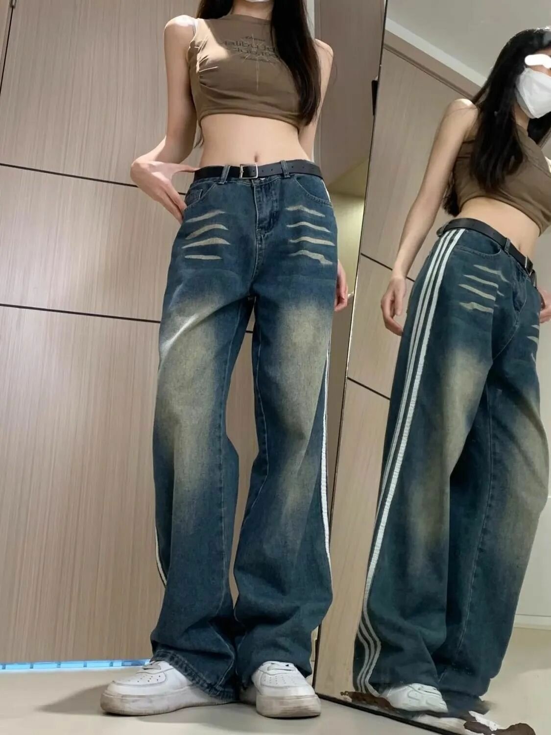 Li Mall Джинсы-микро-флэр женские для танца низкий пояс синий цвет эластичный деним