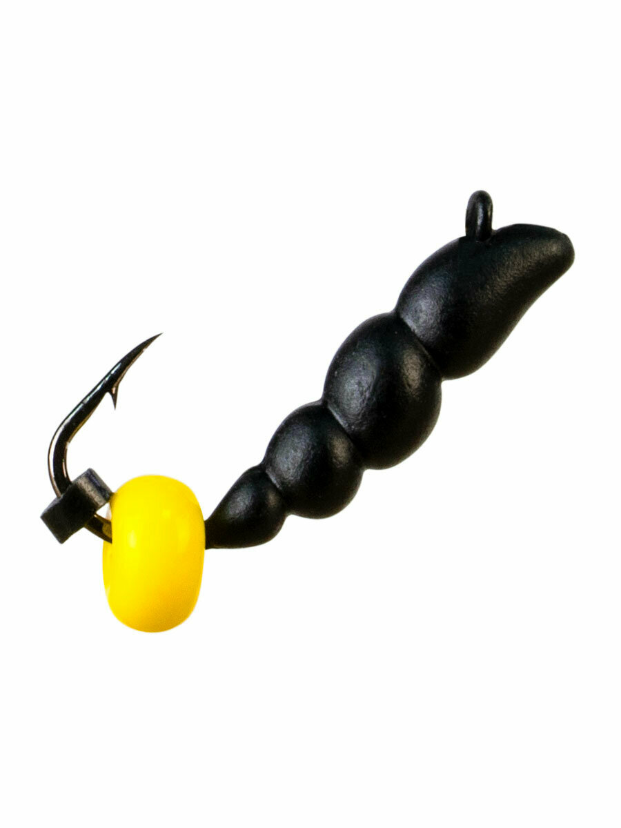 Мормышка безнасадочная (безмотылка) для летней и зимней рыбалки Личинка жужелицы "Левша-НН", 0,74 г, бисер жёлтый, крючок №12, чёрный / 3 шт.