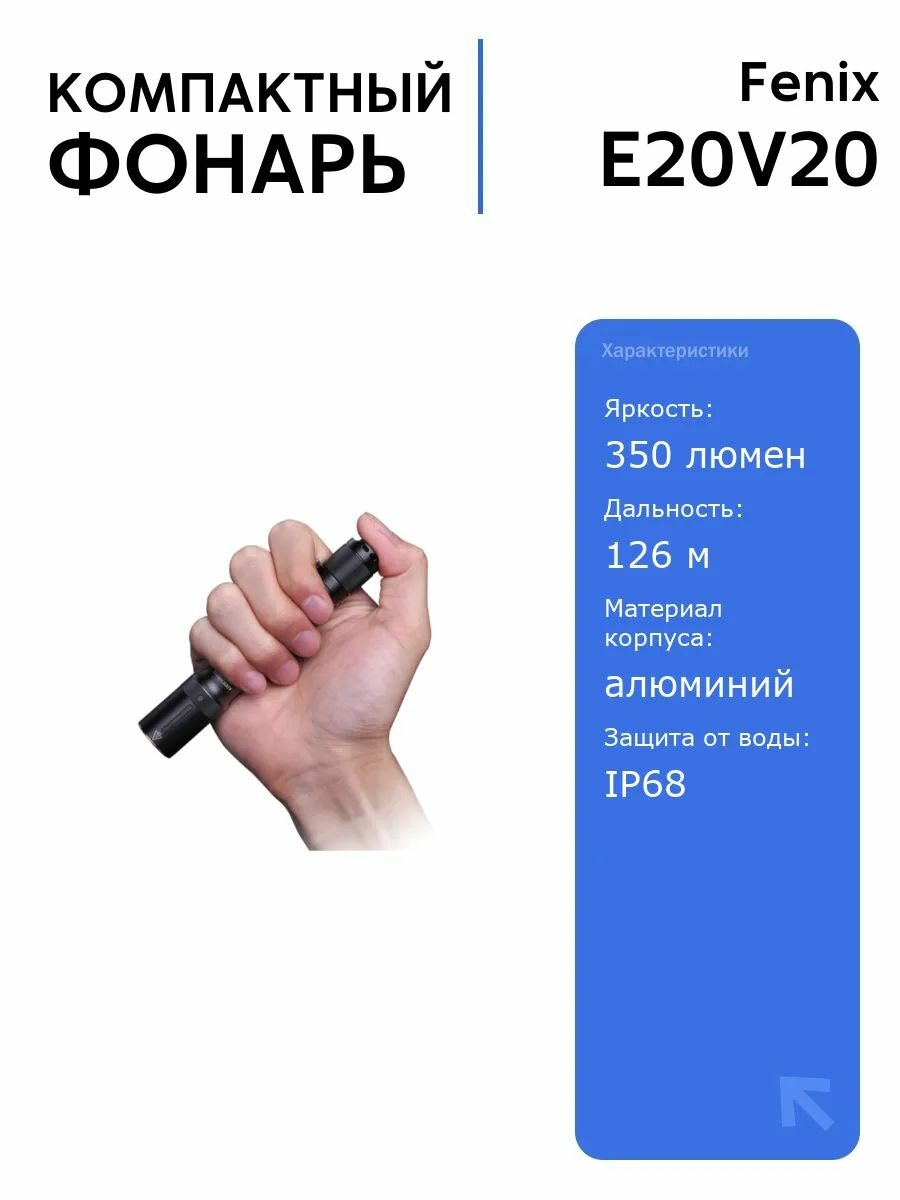 Компактный фонарь Fenix E20 V2.0 с яркостью 350 люмен, дальностью 126 метров и защитой IP68, идеален для активного отдыха и работы