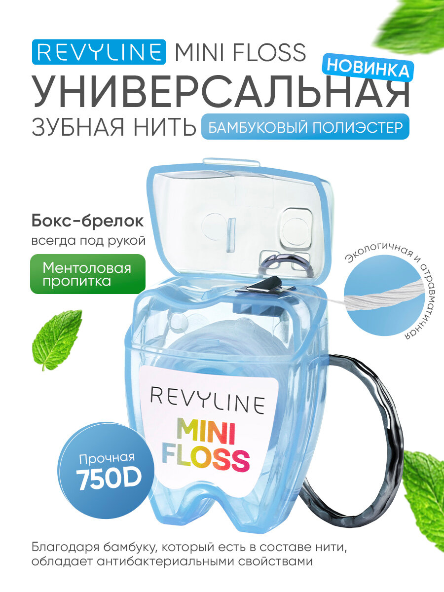 Зубная нить Revyline Mini Floss, вощеная, мятная с бамбуком, 15 м, дорожный брелок, светло-голубой