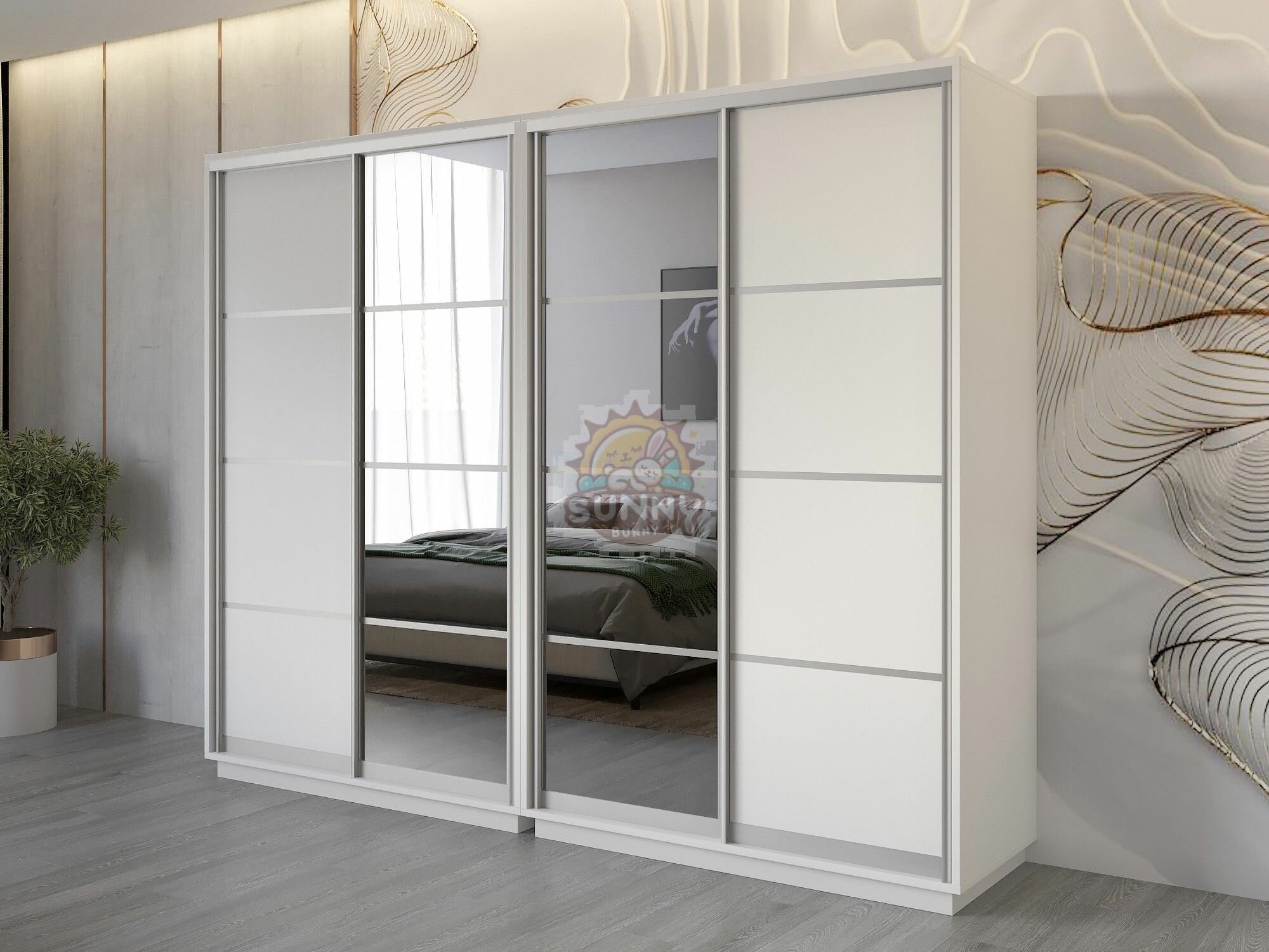 Шкаф-купе Флорида 4дв. (2+2) ЛДСП 2/Зеркало 2, профиль серебро, 280х60х220 см. Белый снег