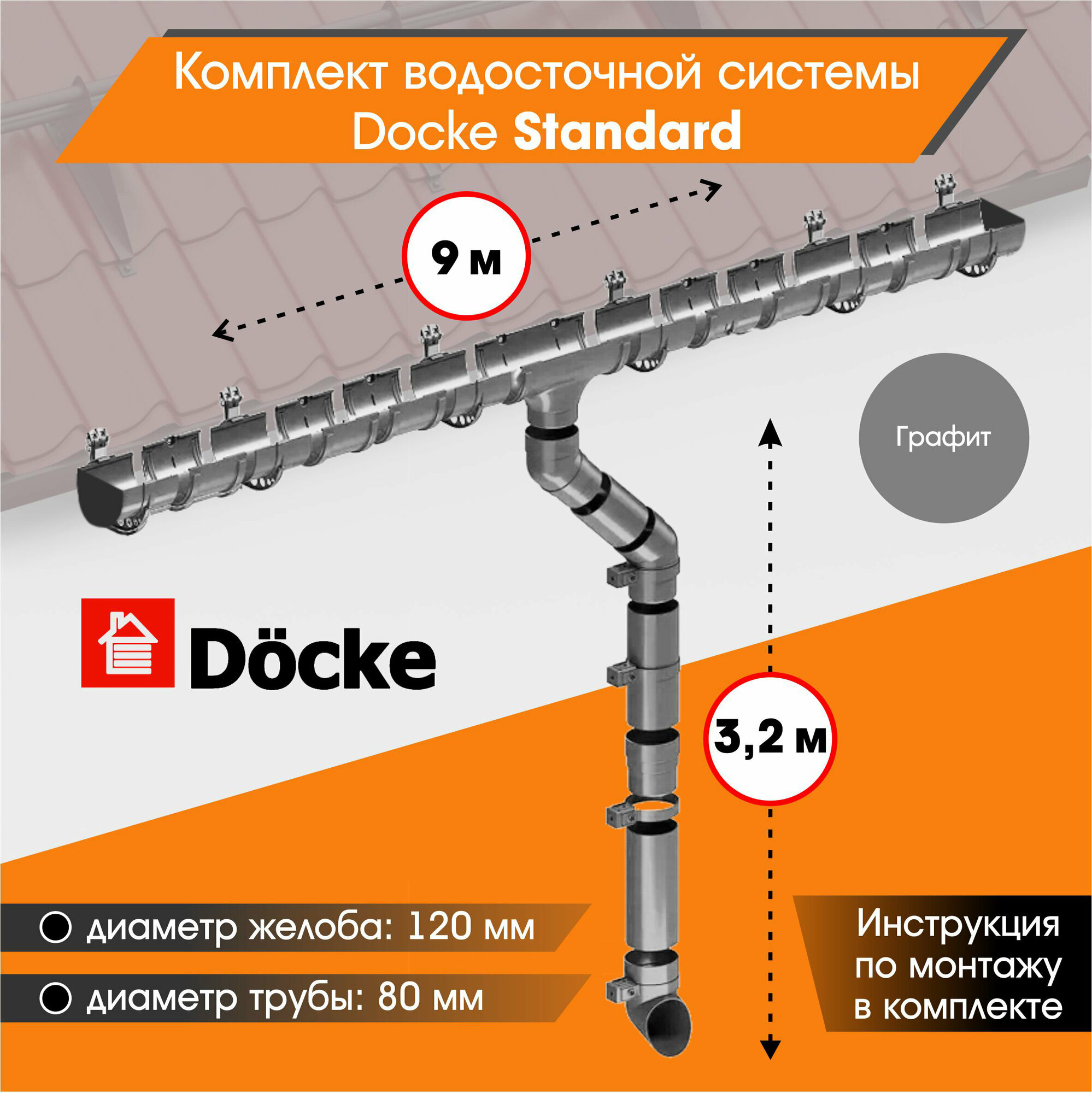 Комплект водосточной системы Docke Standard для ската 9м, Графит (RAL 7024)