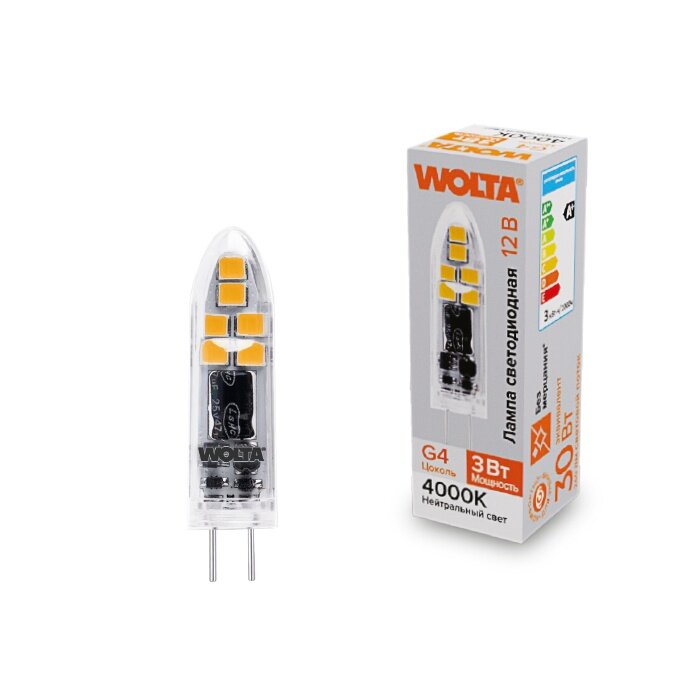 Wolta лампа светодиодная JC G4 12V капсульная 3W(240lm) 4000K 4K пластик WSTD-JC-12V3W4KG4-P