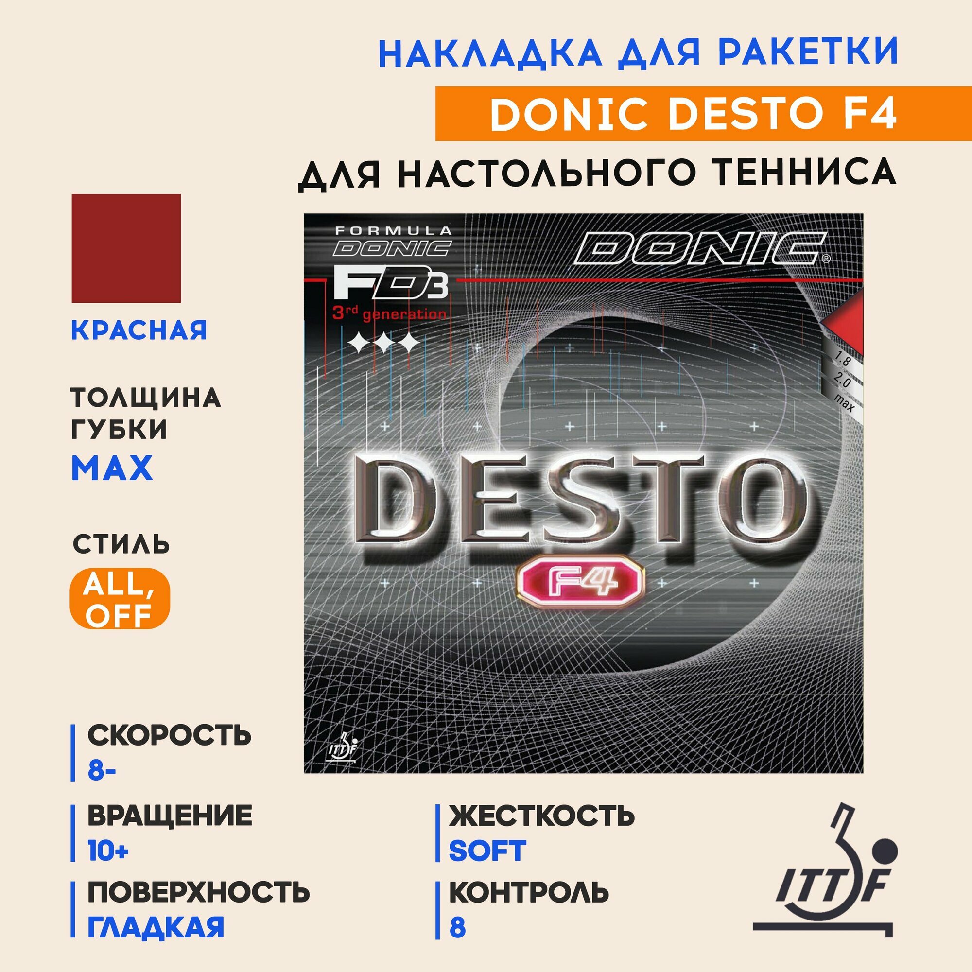 Накладка для ракетки настольного тенниса Desto F4 (цвет красный, толщина max)