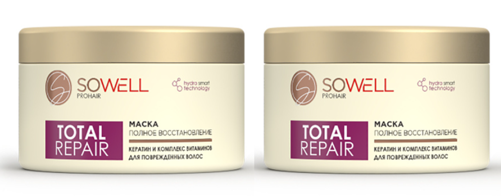 Восстанавливающая маска SoWell Total Repair особый уход, для поврежденных, секущихся волос, 400 мл, 2 шт