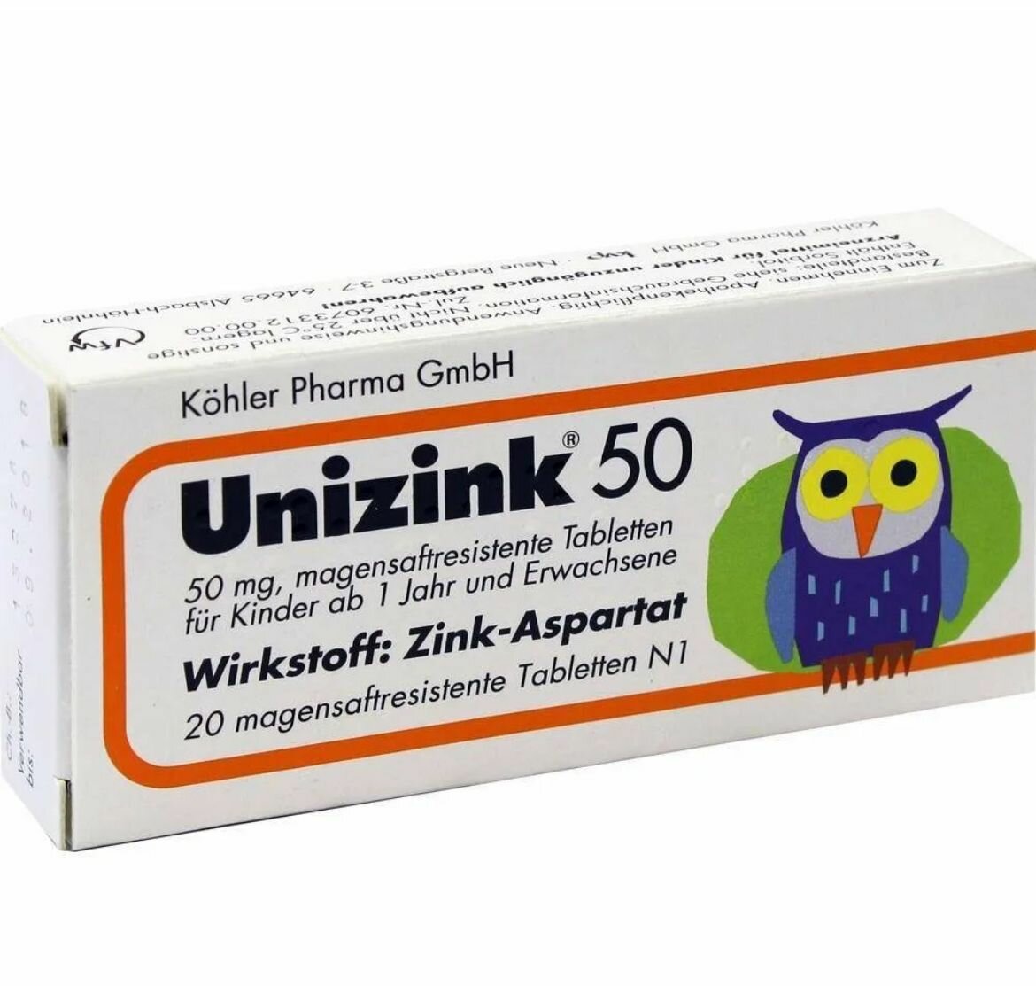 Unizink 50, Цинк 50 мг, 20 штук, Германия, для иммунитета, для детей и взрослых