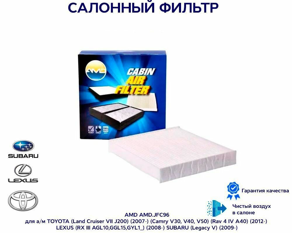 Фильтр салонный AMD. JFC96 для а/м TOYOTA Land Cruiser, Camry, Rav 4, LEXUS RX III, SUBARU Legacy V