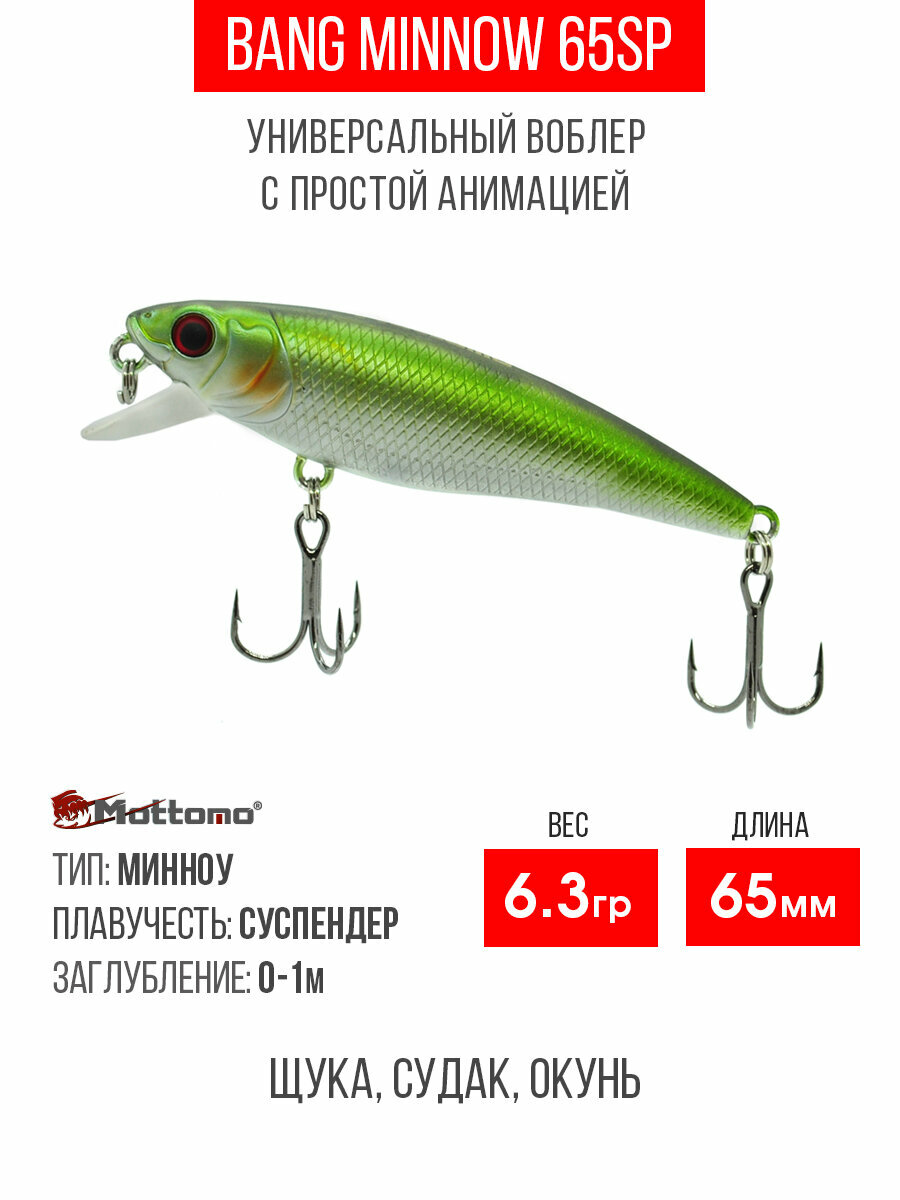 Воблер для рыбалки Mottomo Bang Minnow 65SP 6,3g Light Green минноу суспендер для спиннинга, твичинга. Приманка на щуку