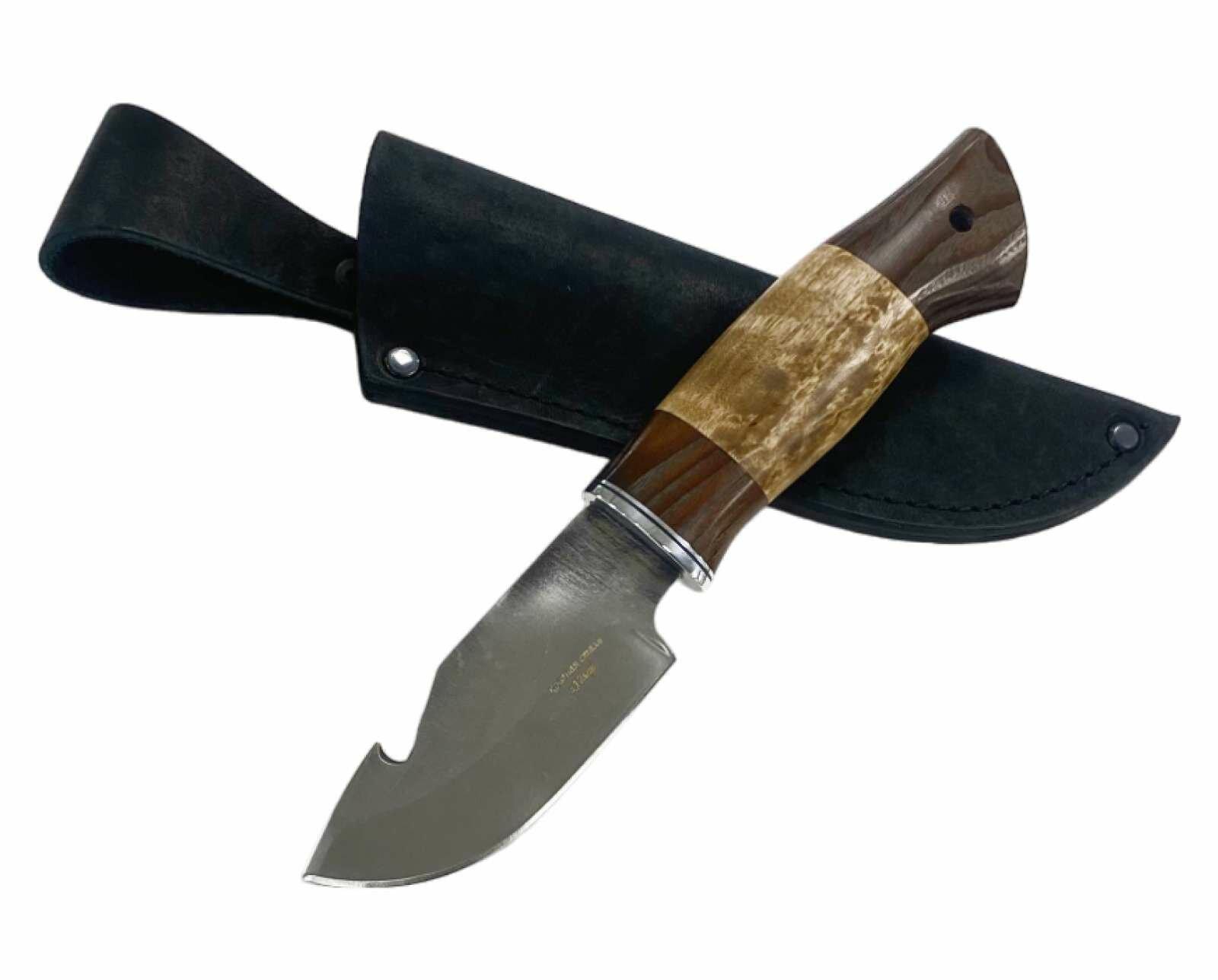 Шкуросъёмный нож Клык, Х12МФ, рукоять из карельской березы/венге