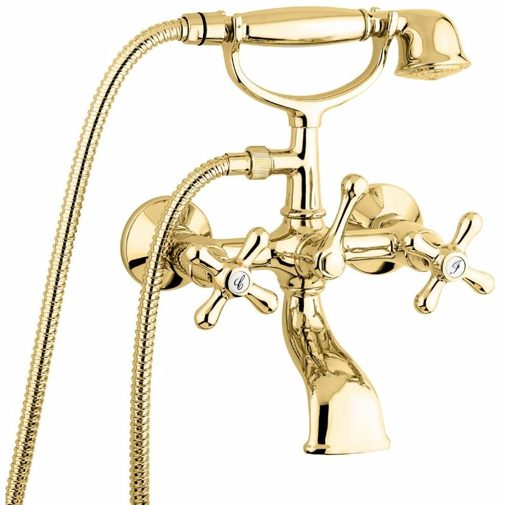Emmevi Deco Classic, двухвентильный смеситель для ванны (излив 14 см), с набором для душа, цвет золото