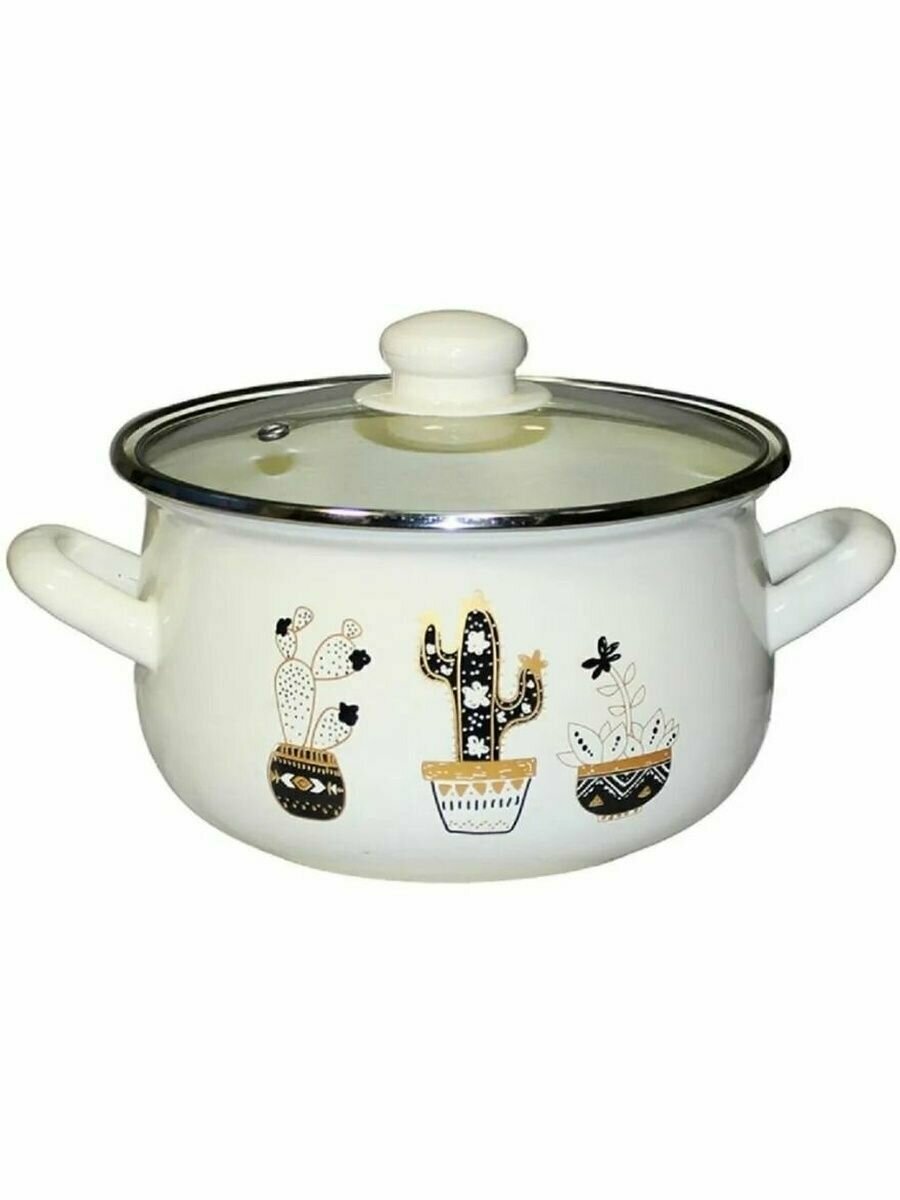 Кастрюля эмалированная с крышкой Кактусы белые 5.7 л. стекл./кр. (INTEROS) 4015А
