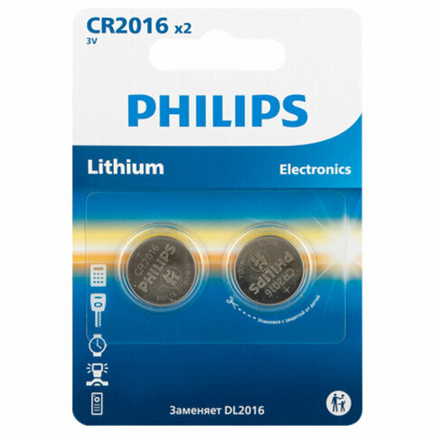 Батарейки литиевые PHILIPS Lithium CR2016, таблетки, дисковые, кнопочные, комплект 2 шт, в блистере, Б0064674
