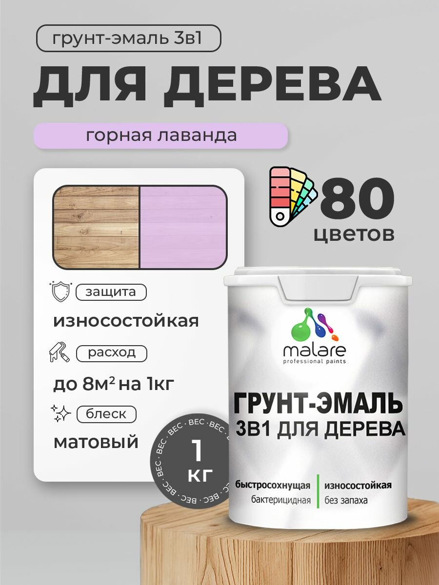 Акриловая Грунт-Эмаль 3 в 1 Malare для деревянных поверхностей/ краска по дереву с антисептическим эффектом/ быстросохнущая моющаяся без запаха матовая, горький шоколад, 1 кг