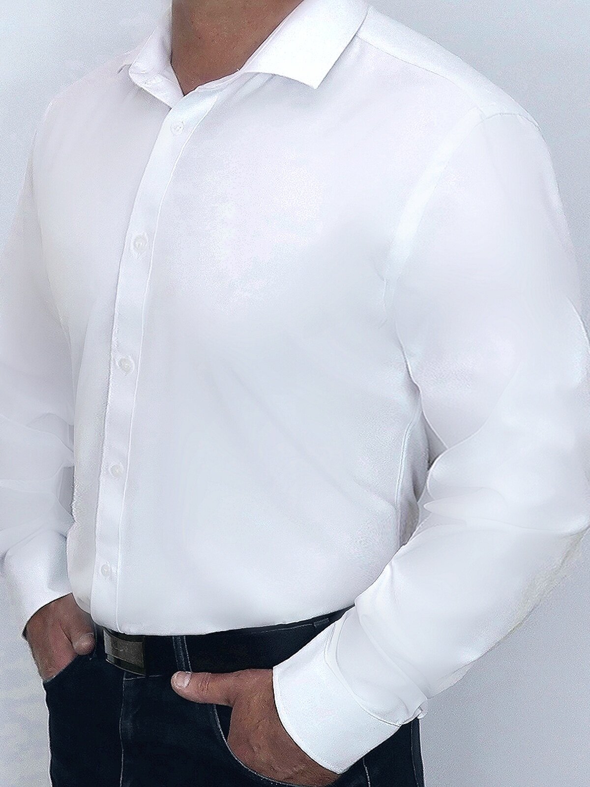 Рубашка Мужская рубашка с длинным рукавом приталенная, светлая сорочка на пуговицах, рубаха на любой сезон, белая однотонная, без карманов, на любой сезон и на лето рубашка Slim fit с приталенным кроем заужен