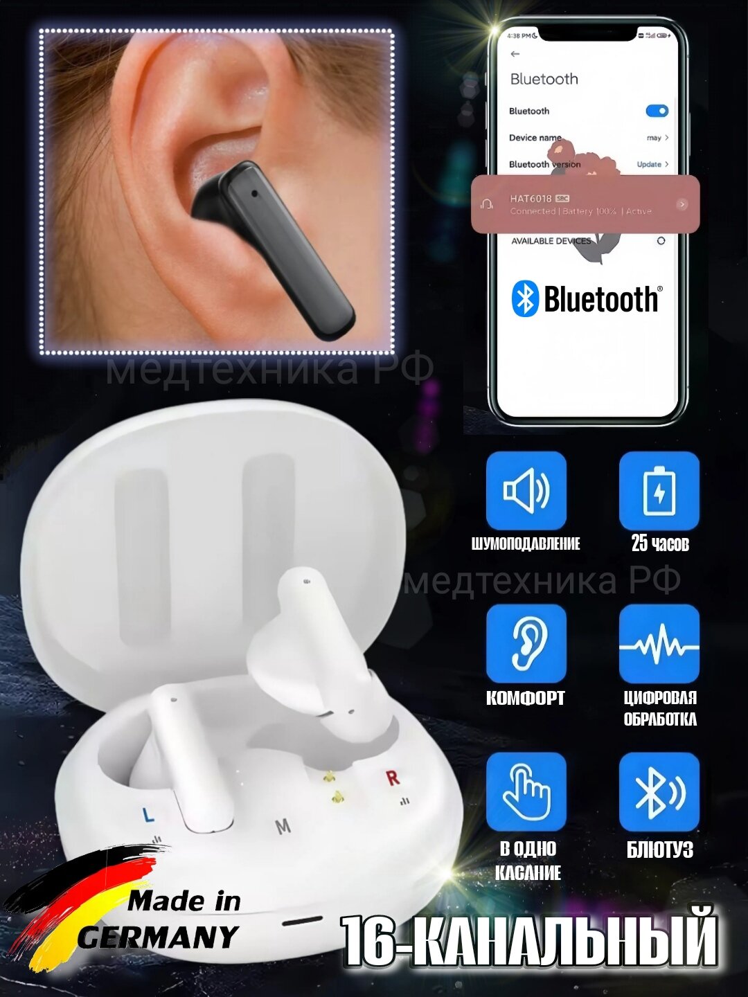 Слуховой аппарат цифровой внутриушной с зарядкой аккумуляторный блютуз премиум класса качество Германия