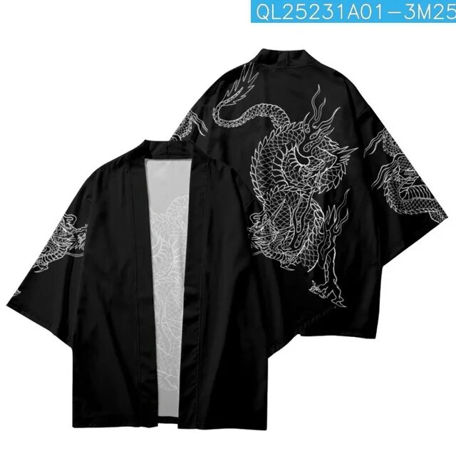 Хаори-кардиган Nifineo с Самураем, Журавлями и Драконом Черный, L, hf-506