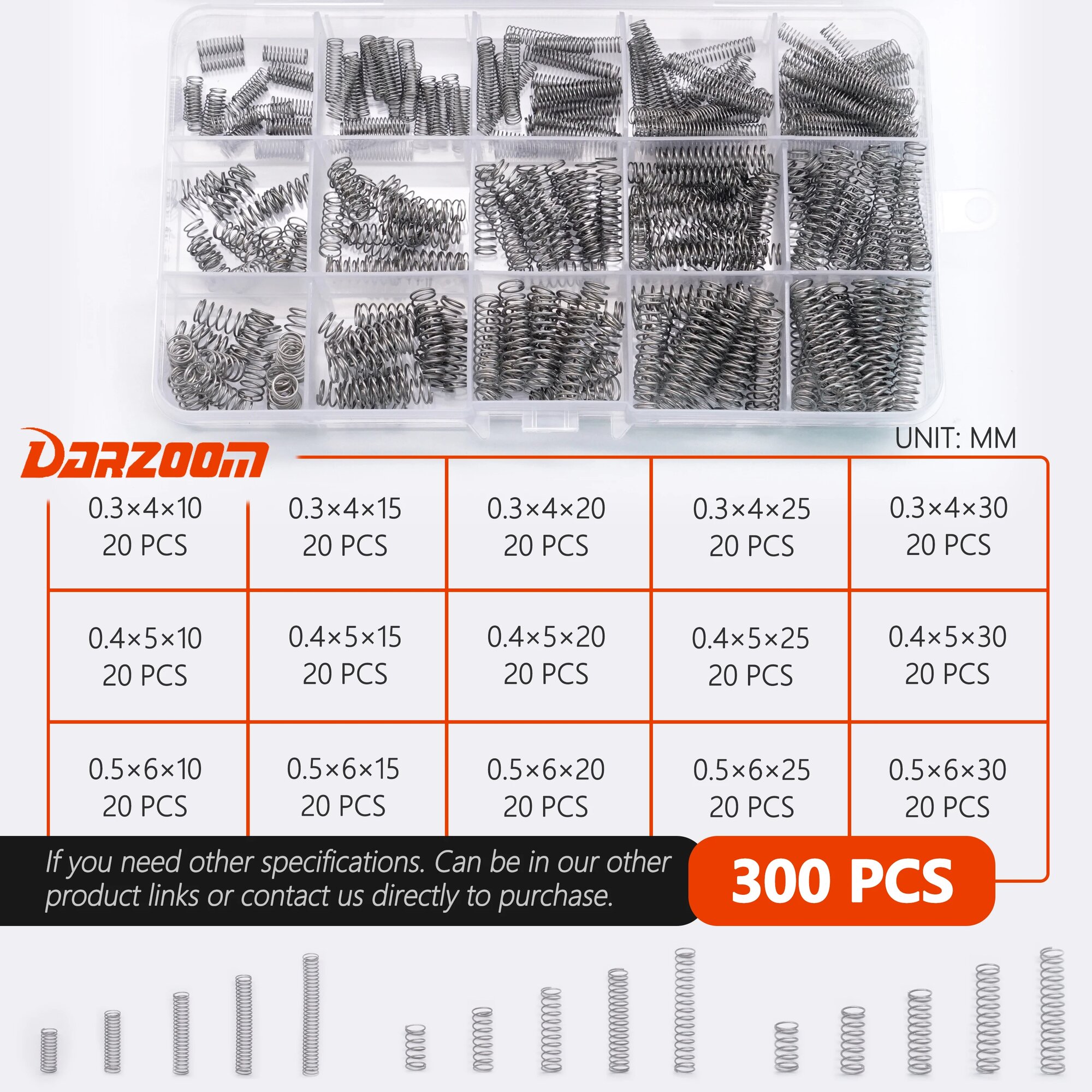 300 шт, 15 размеров, набор пружин сжатия 0,3/0,4/0,5 мм, мини-пружины из нержавеющей стали для ремонта, длина от 10 до 30 мм