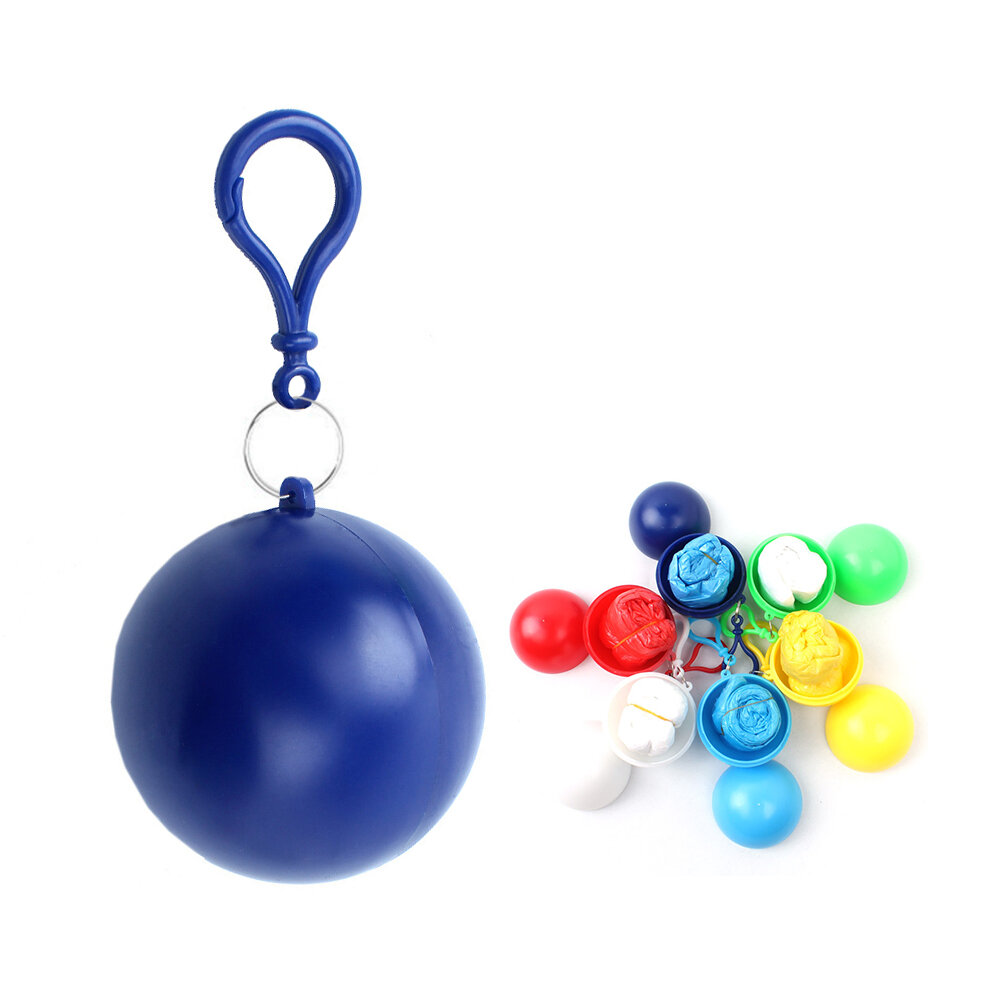 Одноразовый дождевик- пончо из ПЭ с кейсом-шаром, цвет: синий/темно-синий/зеленый/красный/белый/желтый, диаметр шара 6.5см, размер дождевика 90*115см, вес 53г, в комплект входит 1 дождевик и 1 кейс-шар