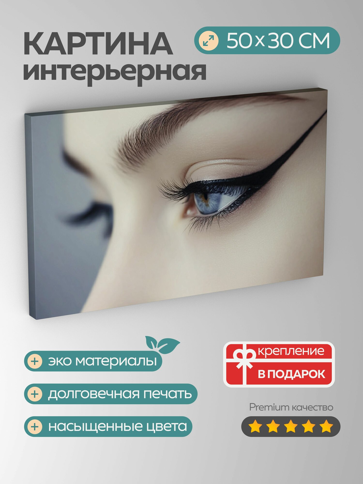 Картина на холсте интерьерная 50х30 см, девушка, макияж, кошачий глаз, разрешение, фокус, освещение, элегантность
