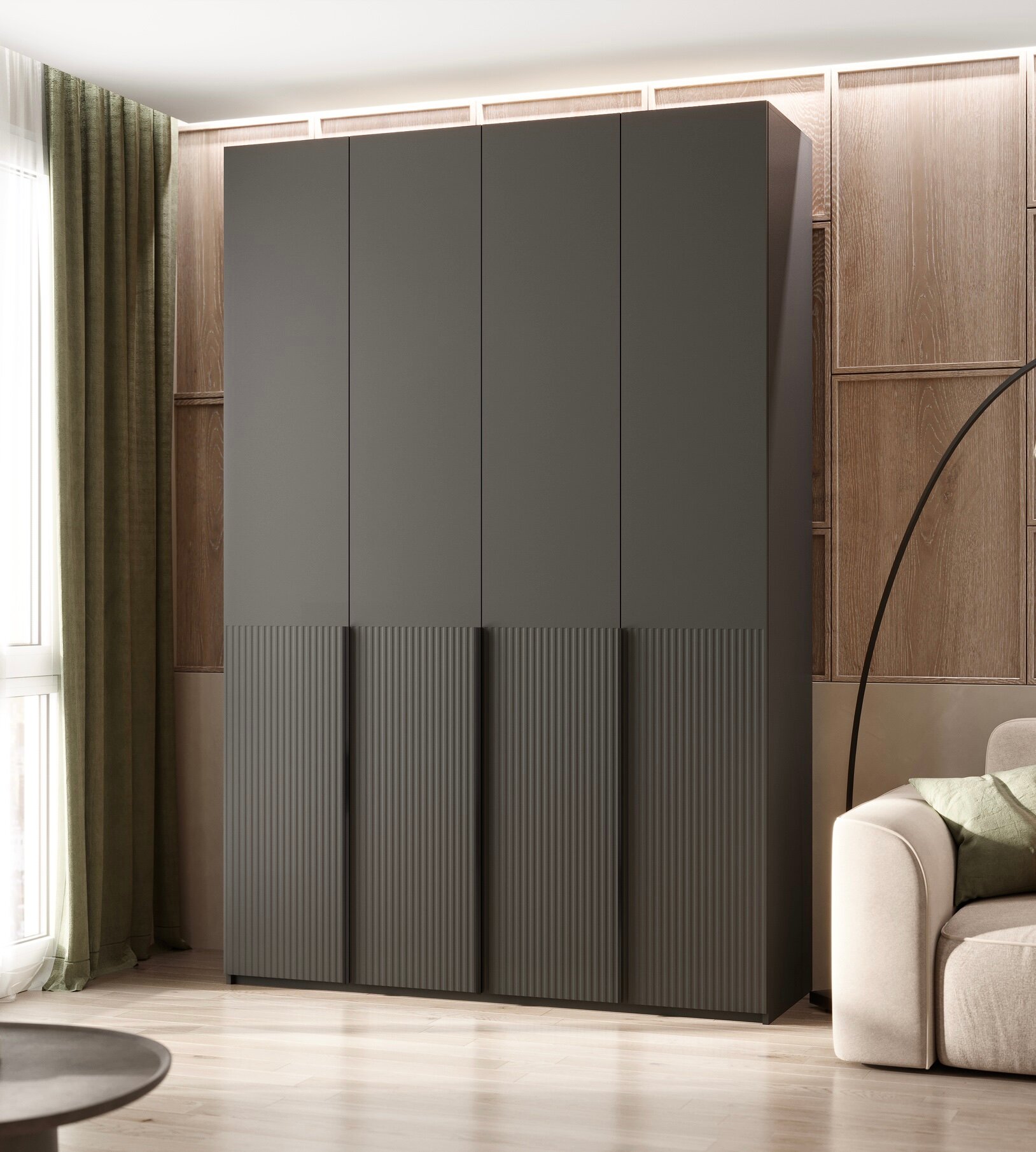 Шкаф мдф 4х створчатый с ящиками . Марвэл 1.6 метра. Графит/Графит