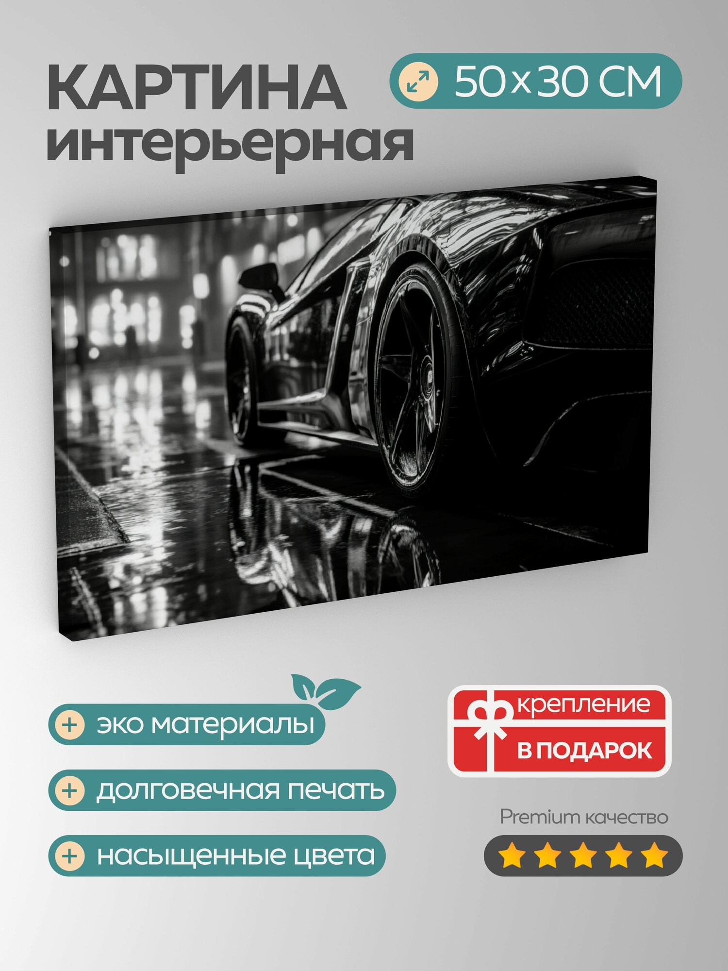 Картина на холсте интерьерная 50х30 см, автомобиль, отражение, черно-белая, фотография, городская улица, дождь