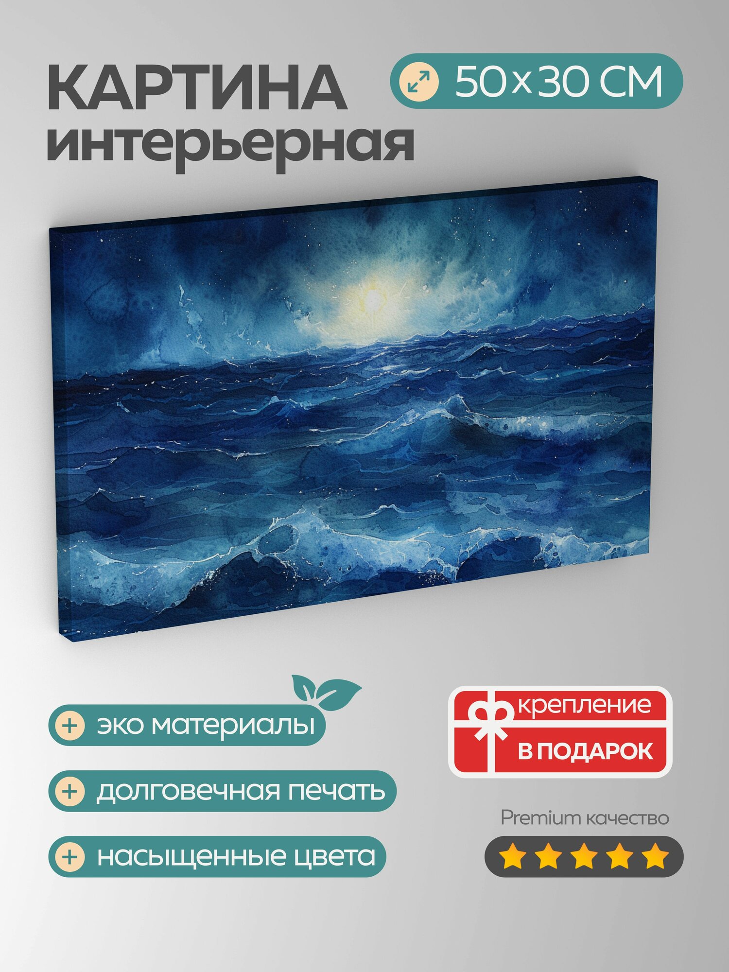 Картина на холсте интерьерная 50х30 см, акварельная картина, яркая звезда, темно-синие волны, ночное море, спокойствие