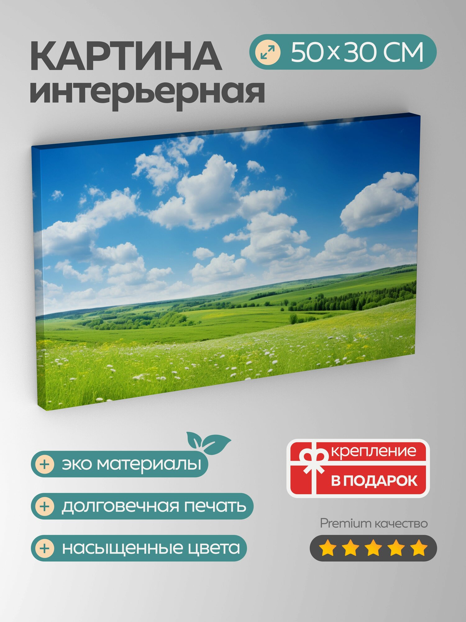 Картина на холсте интерьерная 50х30 см, сельская местность, зеленые поля, полевые цветы, ясное небо, белые облака