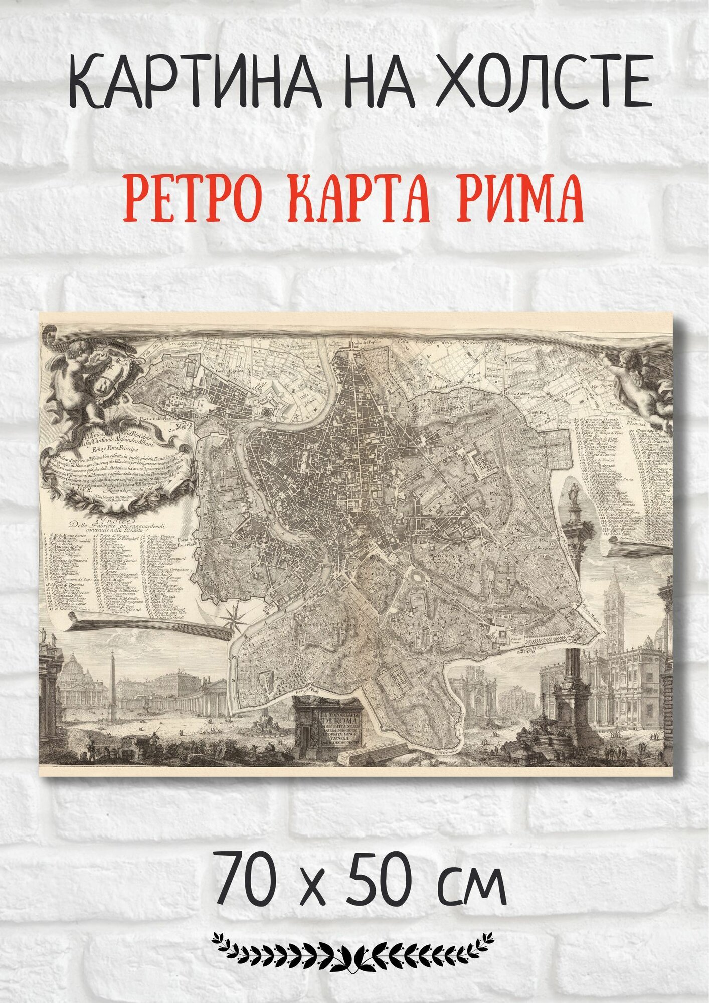 Картина с планом Европейского города "Старая карта Рима" 70х50 см