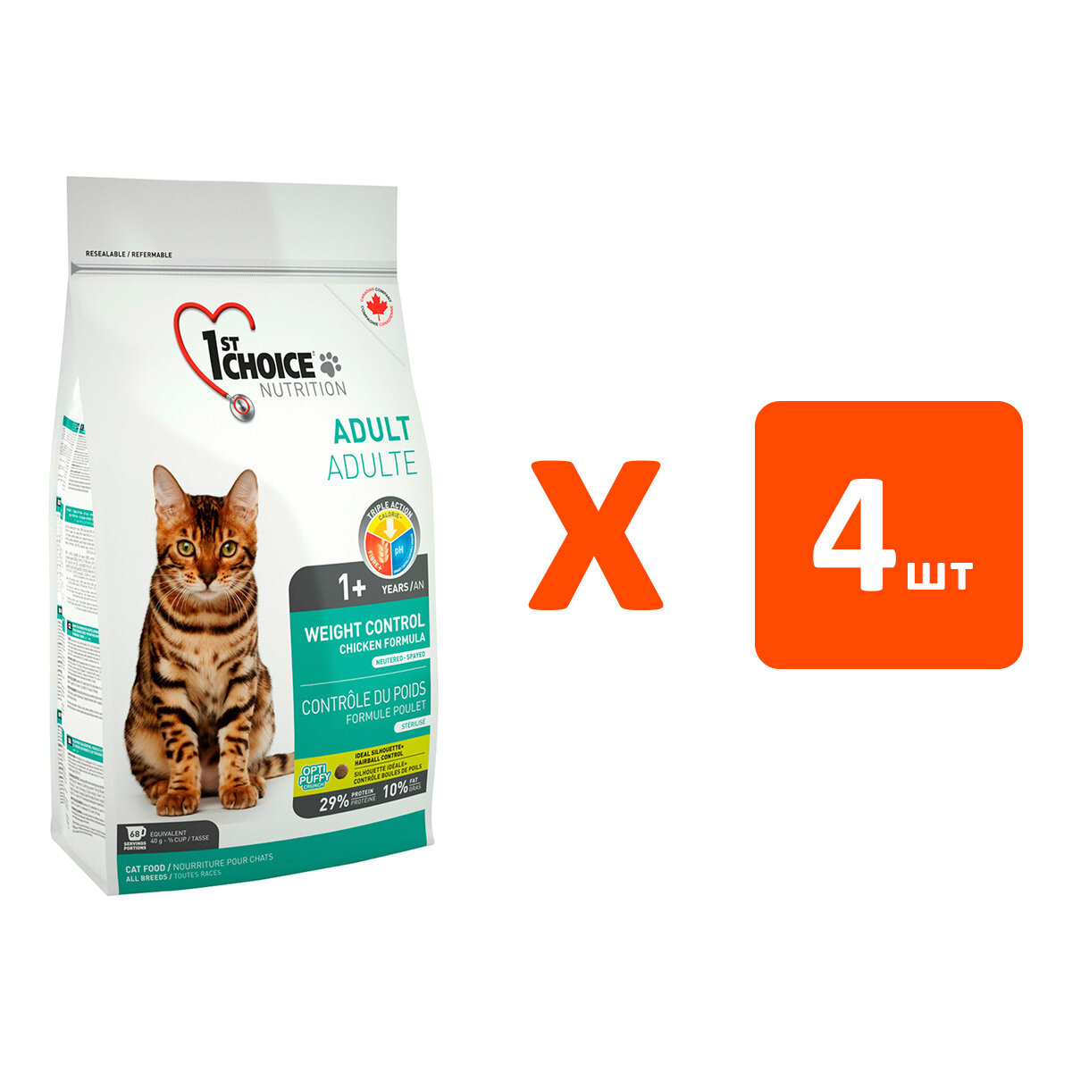 1ST CHOICE CAT ADULT WEIGHT CONTROL диетический для взрослых кошек с курицей (2,72 кг х 4 шт)