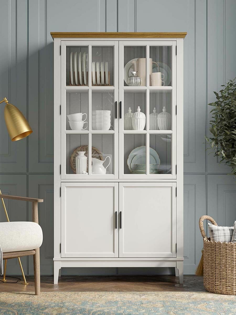 Шкаф для посуды ММЦ Гостиная Квадро-С 22-185 (белый лак-антик 24) из массива сосны