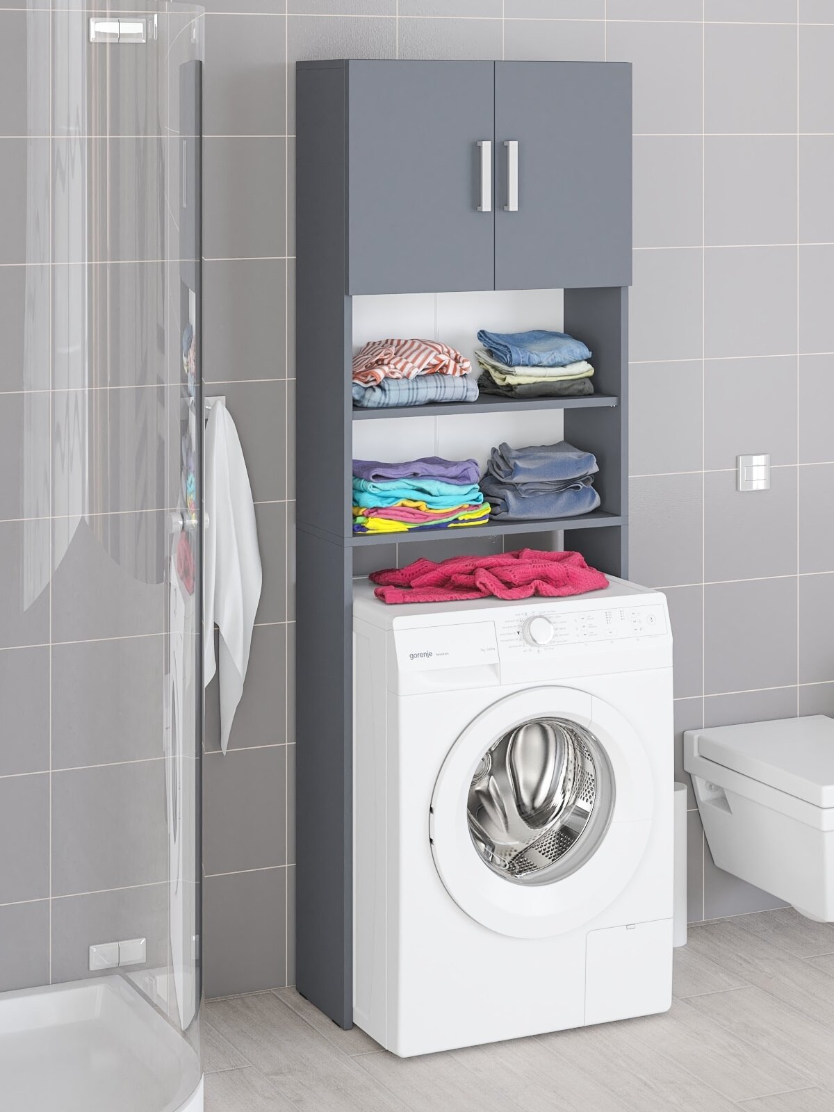 Шкаф-пенал РВК ШВ для стиральной машинки в ванную с полками и дверками РВК, графит, 64х25х192,2 см